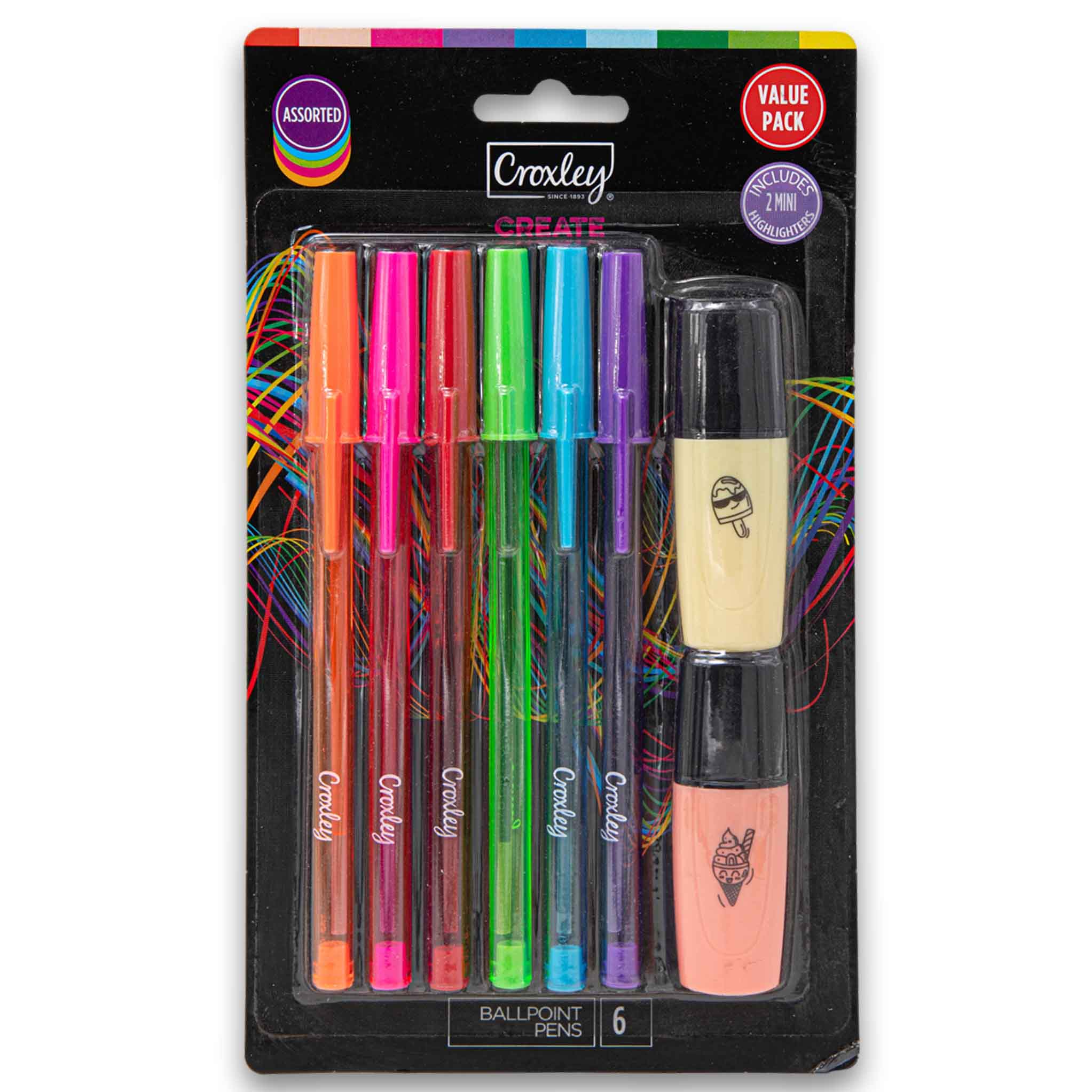 Ballpoint Pens 6 Piece + Mini Highlighters 2 Piece - Assorted Colour ...