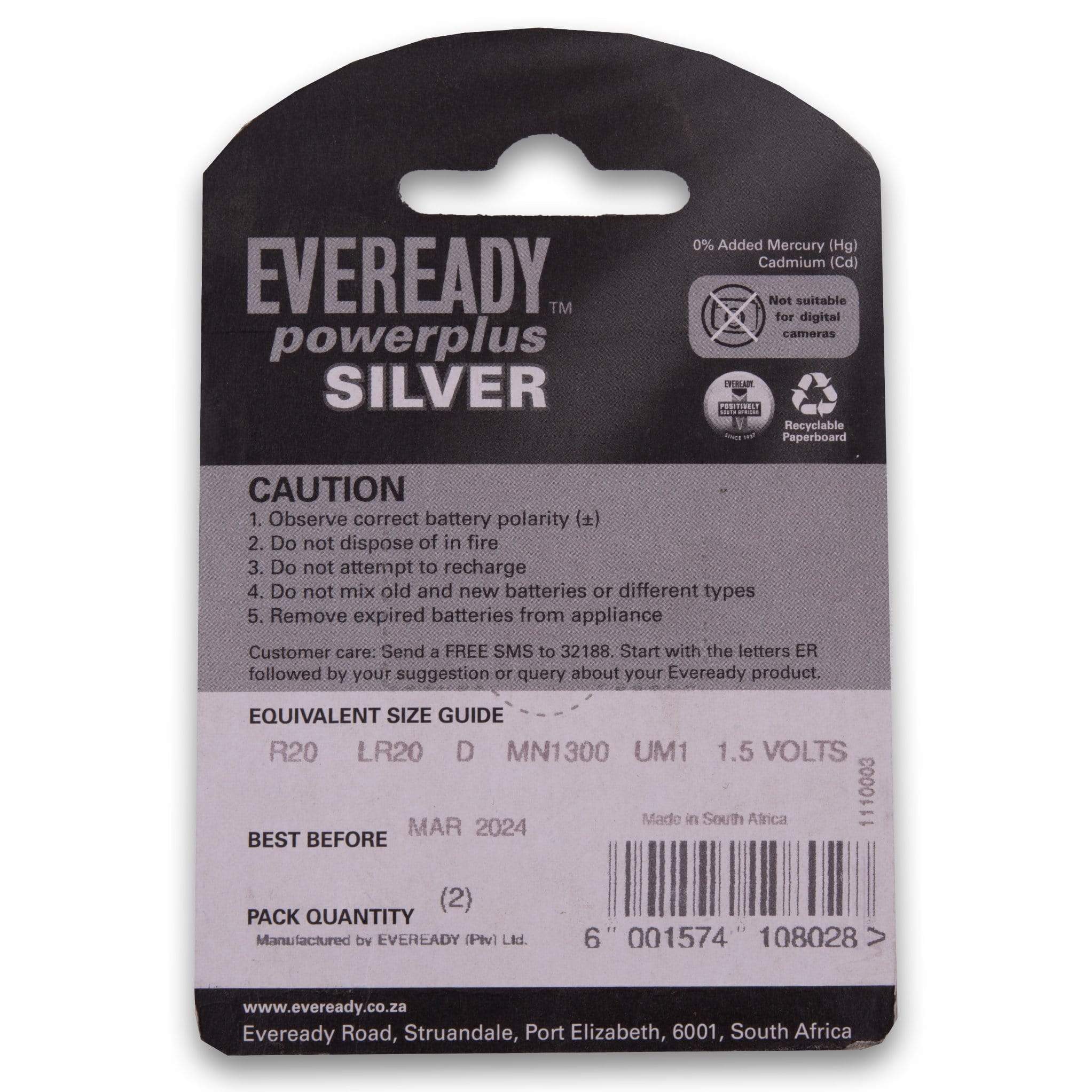 Zinc Battery Powerplus Silver D2 2 Pack - Eveready – Cosmetic Connection